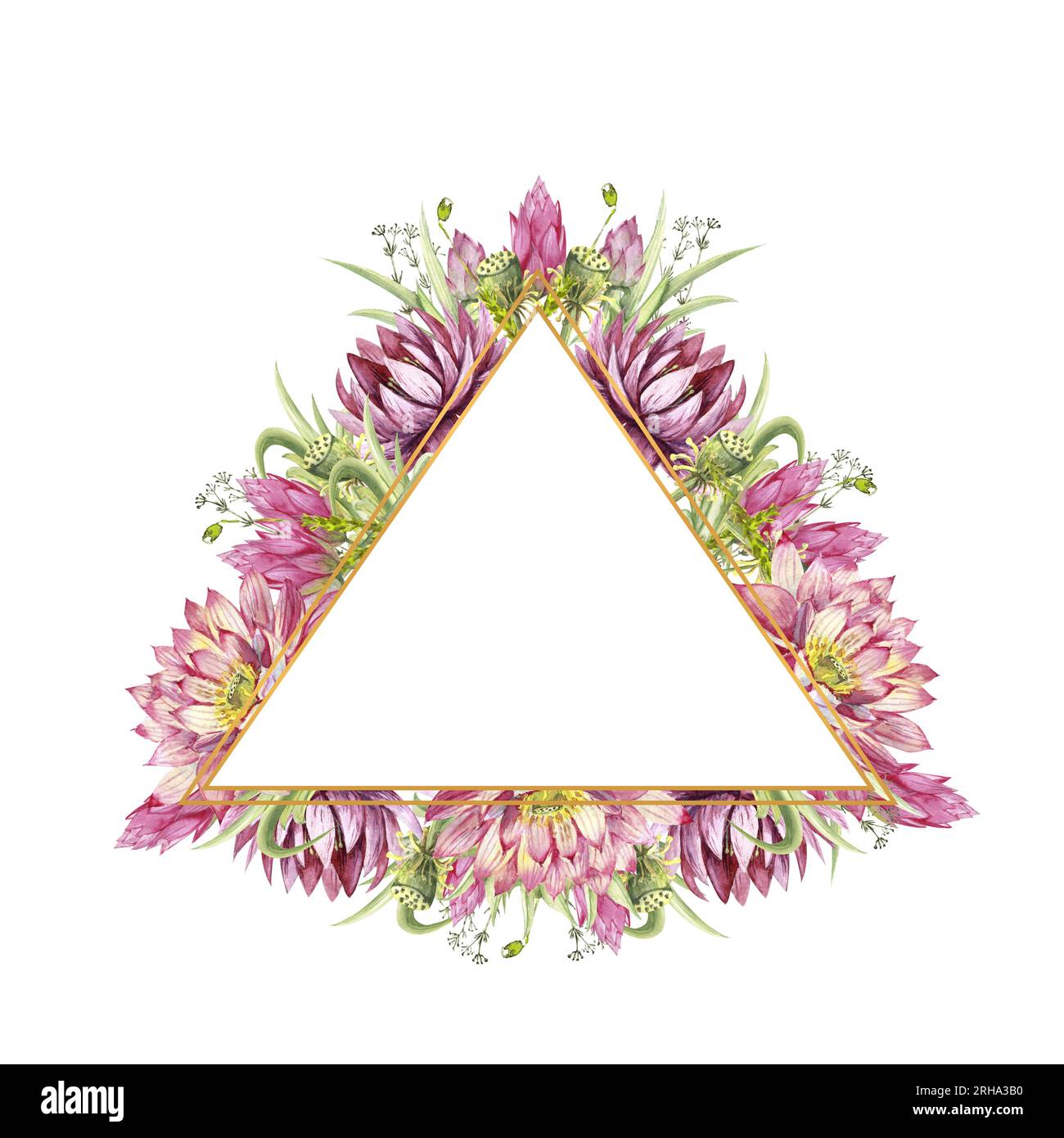 A triangular frame with flowers of water lilies and wild forest grasses ...
