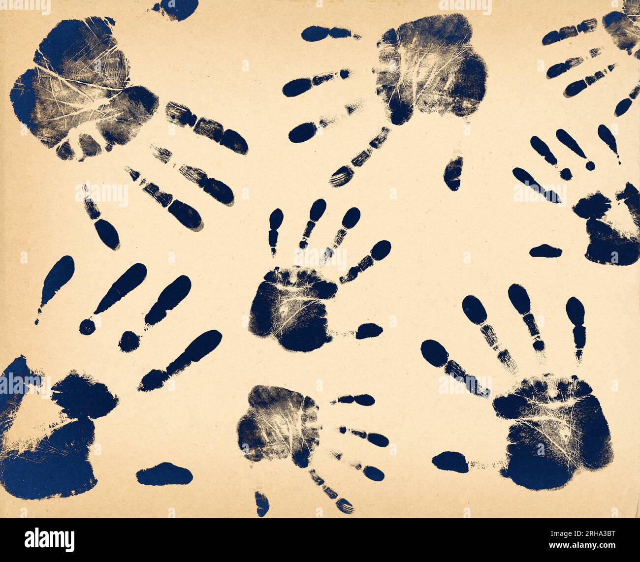 Black hand prints on vintage paper, togetherness and identity concept ...