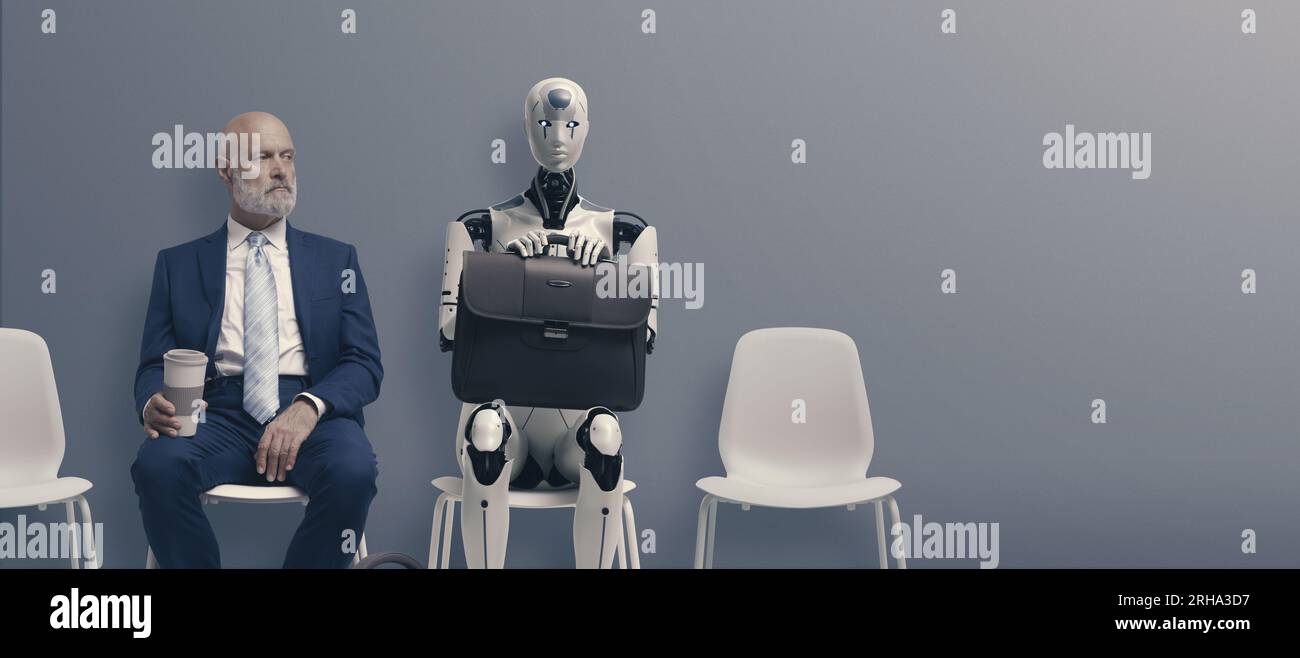 Man and AI robot waiting for a job interview: AI vs human competition ...