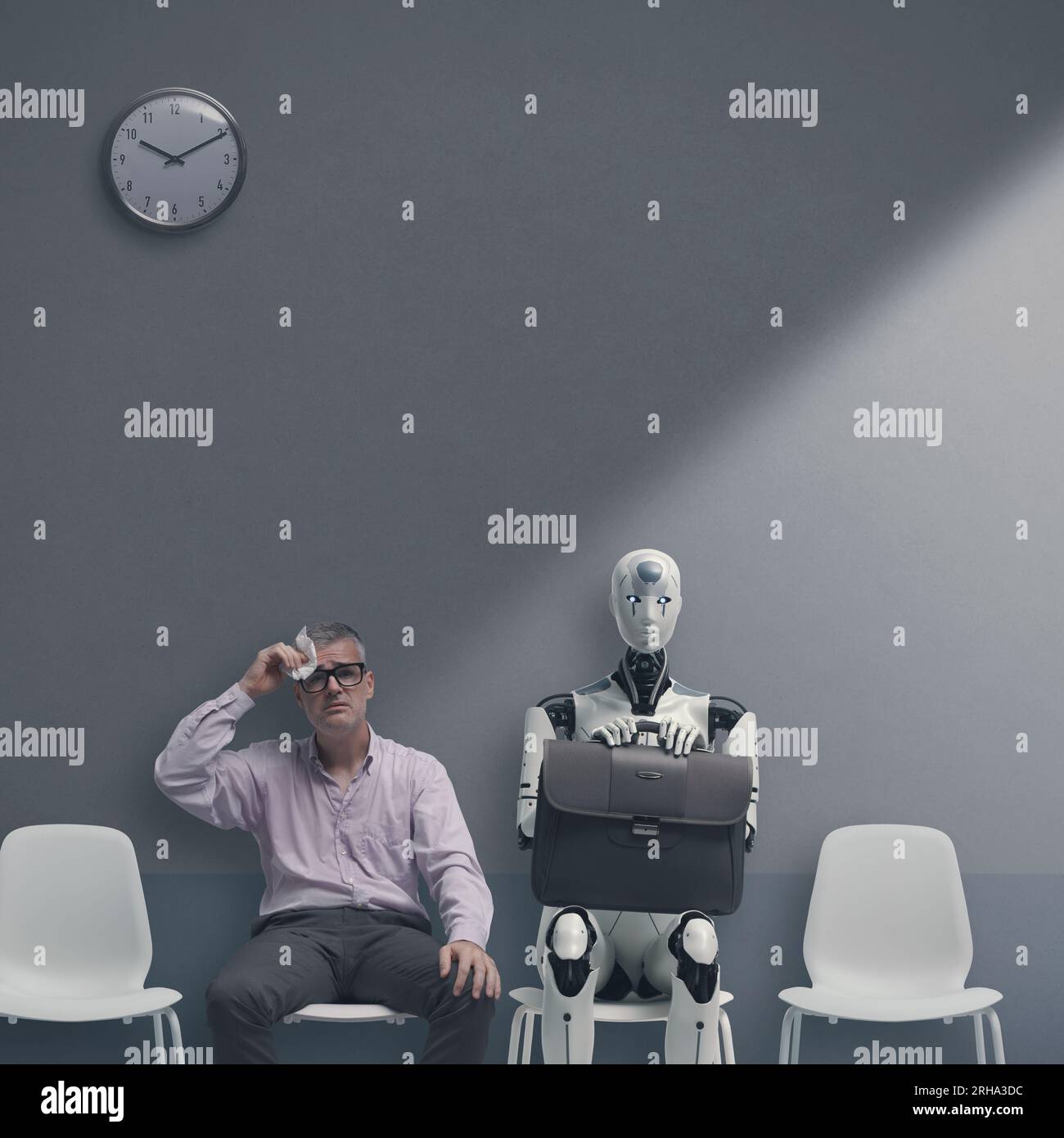 Stressed anxious man and robot sitting in the waiting room, they are ...