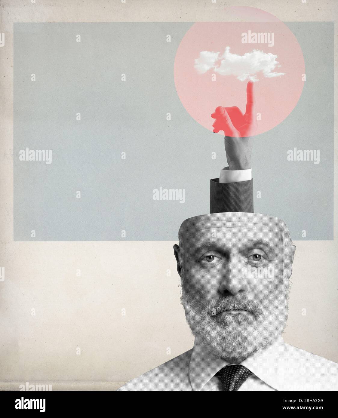 Hand coming out from a businessman head and pointing up at clouds in ...