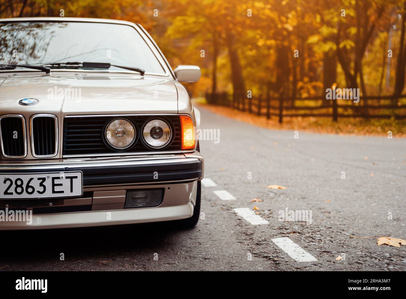 silver classic BMW 6-series E24 coupe. Front left corner of 1980-s ...
