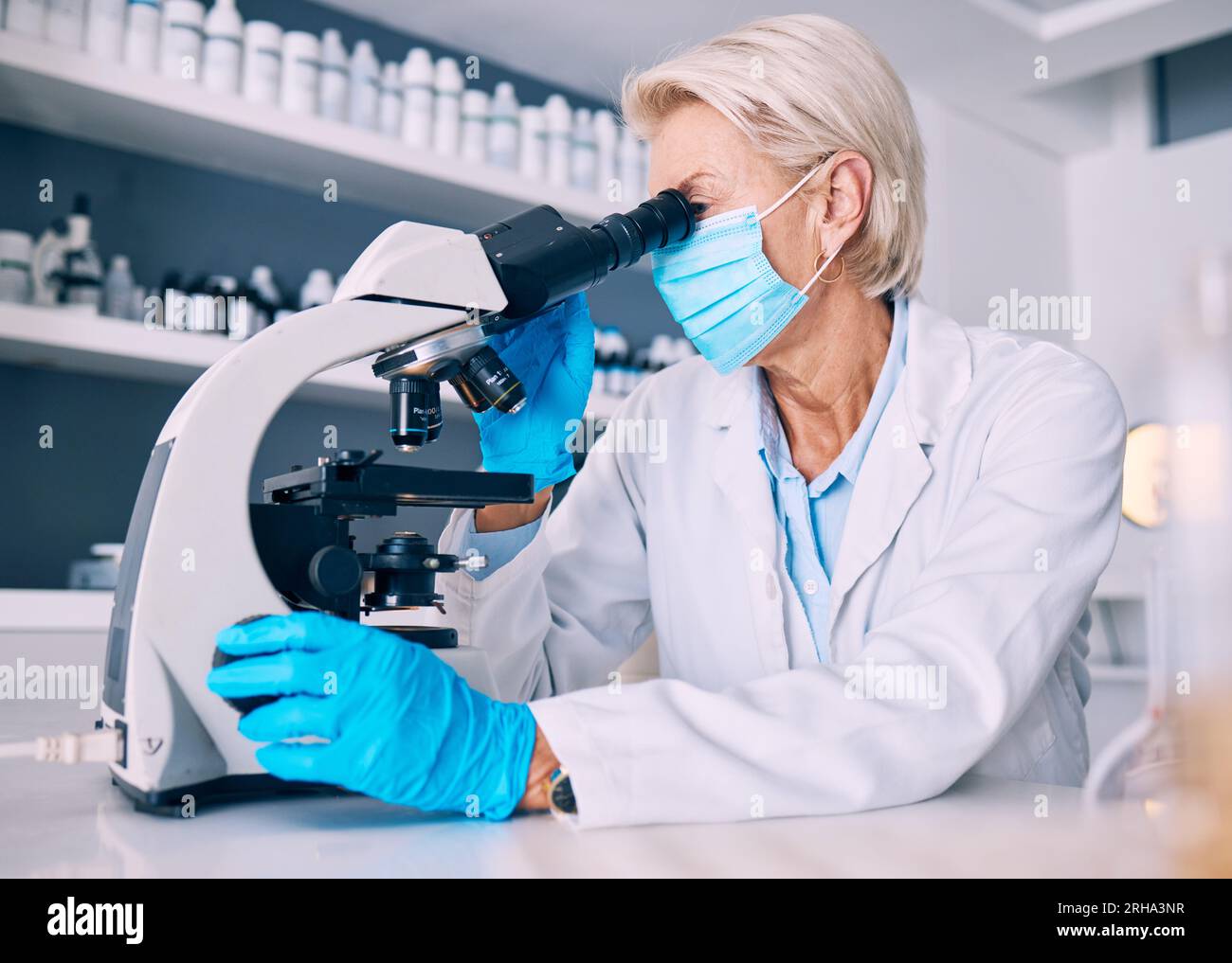 Science woman, microscope and covid in lab for medical research ...