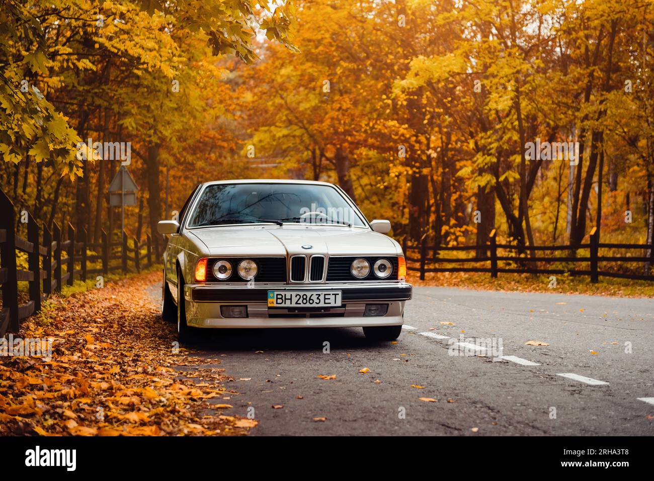 silver classic BMW 6-series E24 coupe. Front view of 1980-s "sharknose ...