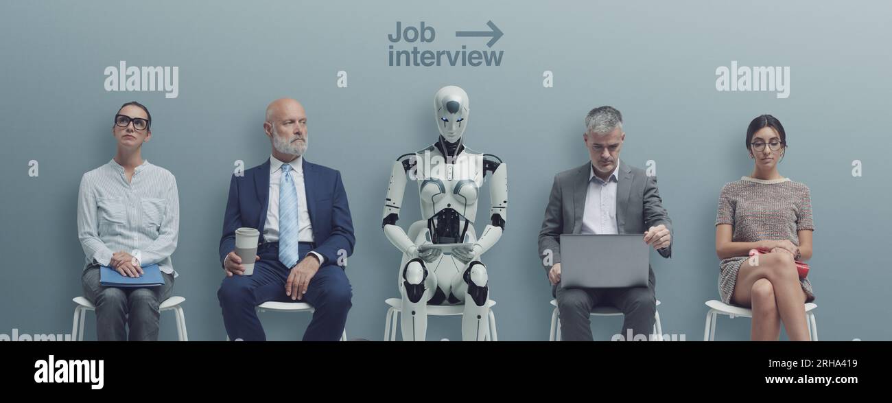 Business people and humanoid AI robot sitting and waiting for a job interview: AI vs human ...
