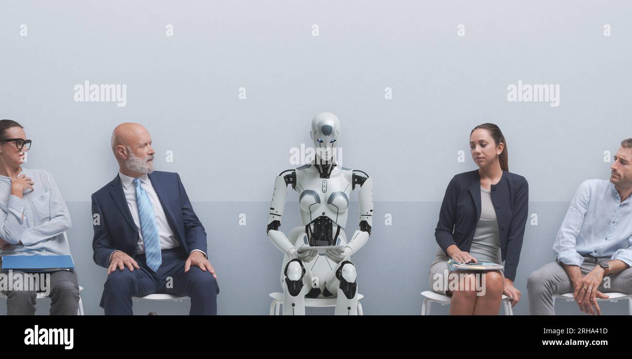 Disappointed job applicants sitting in the waiting room and staring at ...