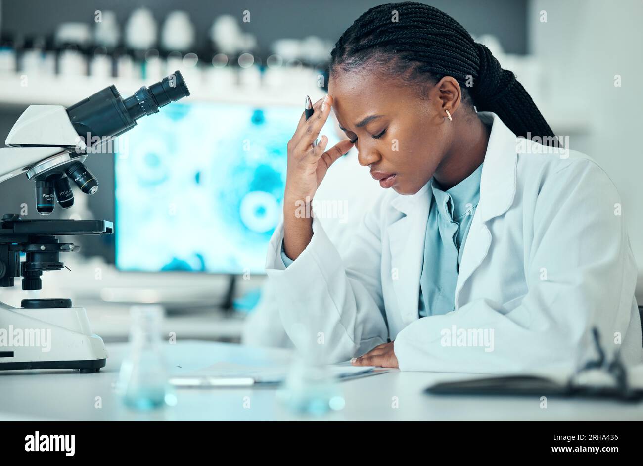 Scientist, woman and headache, microscope or research checklist and ...