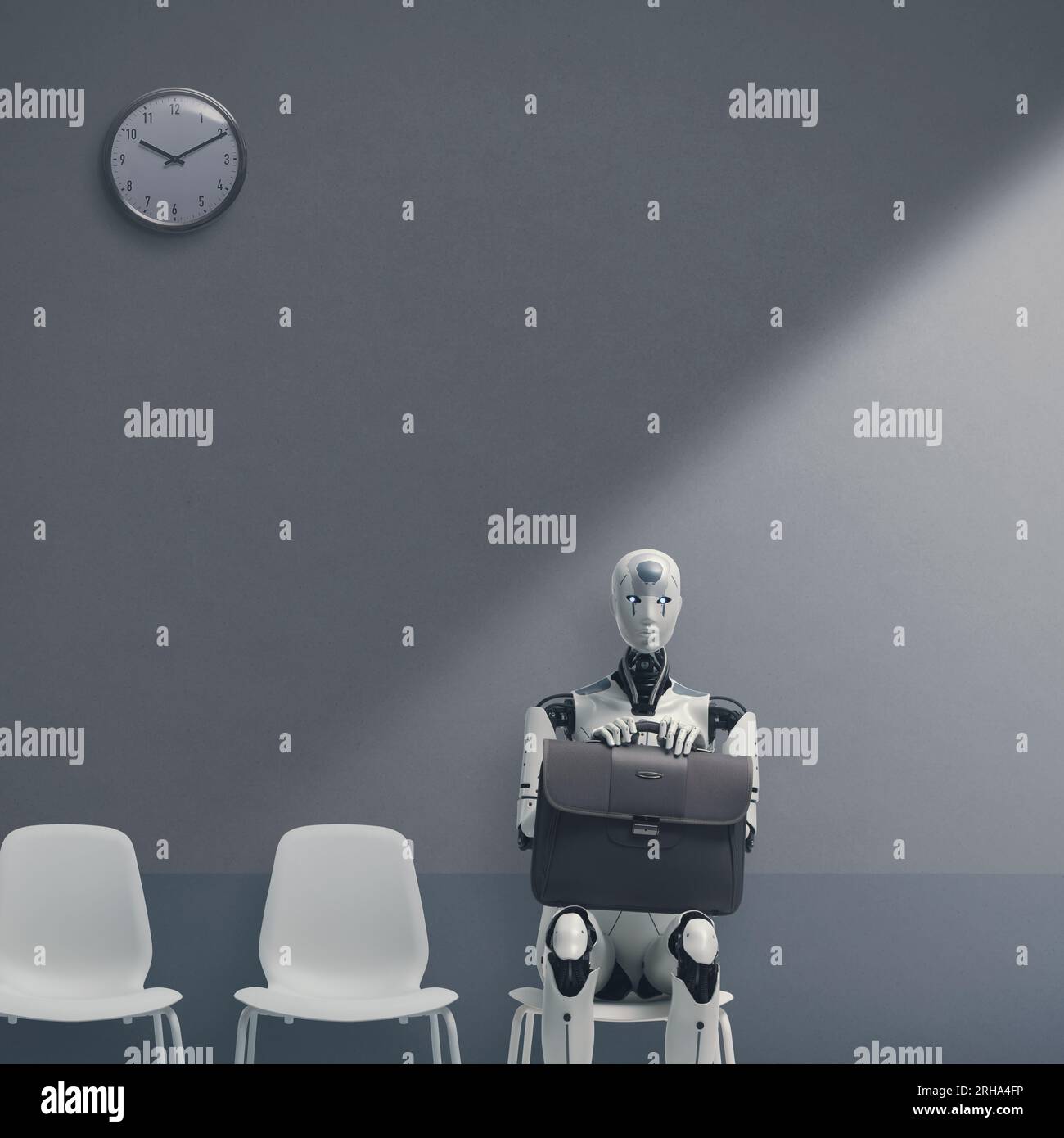 Futuristic android robot sitting on a chair and waiting for a job ...