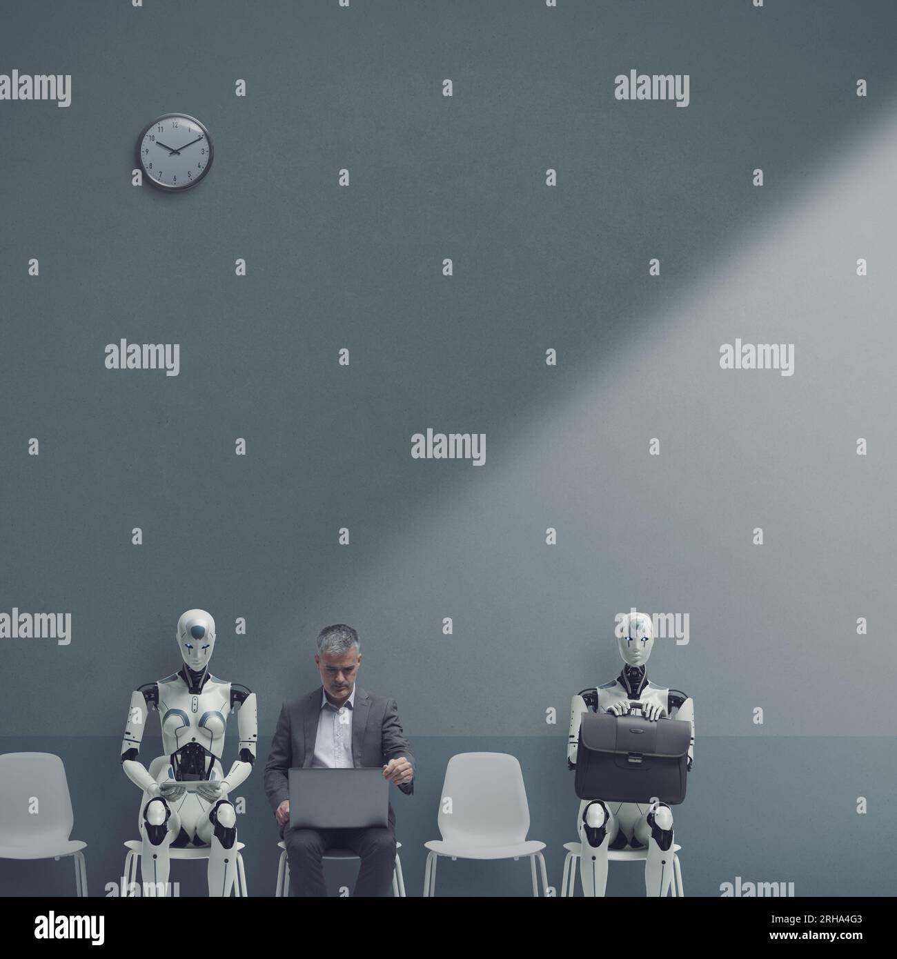 Man and AI robots waiting for a job interview in a corporate office, recruitment and work ...