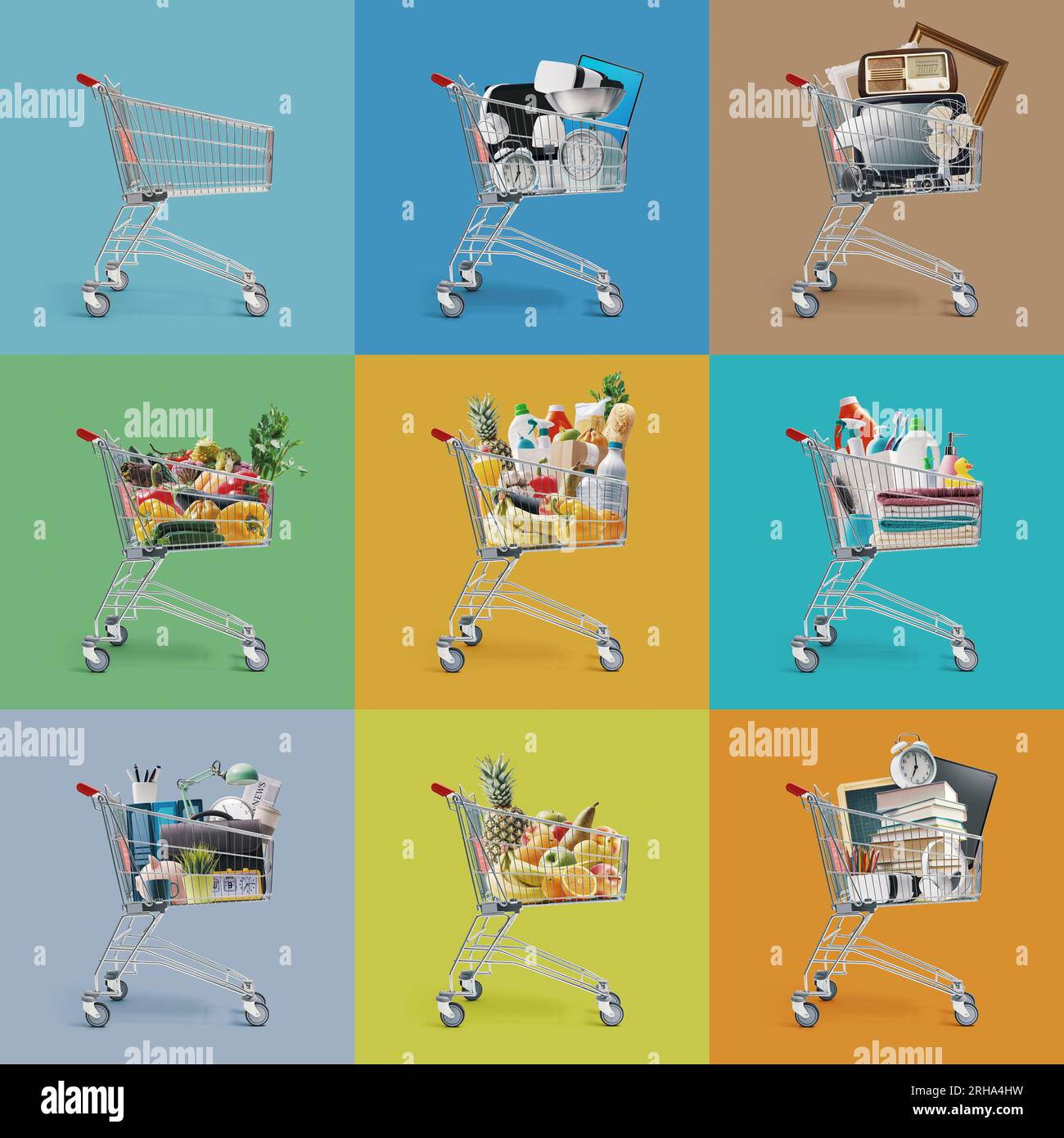 Collage of shopping carts filled with different kinds products, sale ...