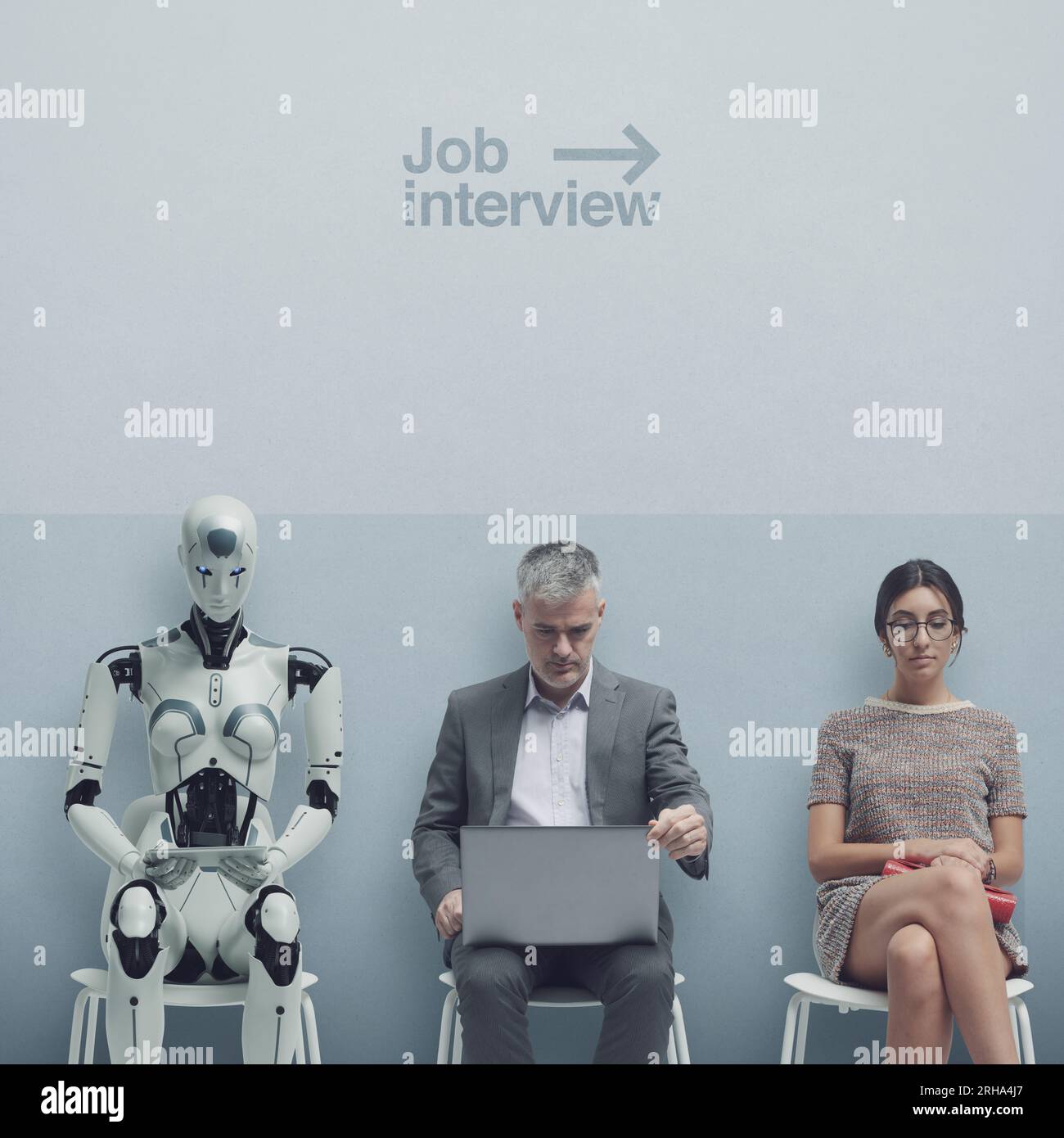 Business people and humanoid AI robot sitting and waiting for a job interview: AI vs human ...