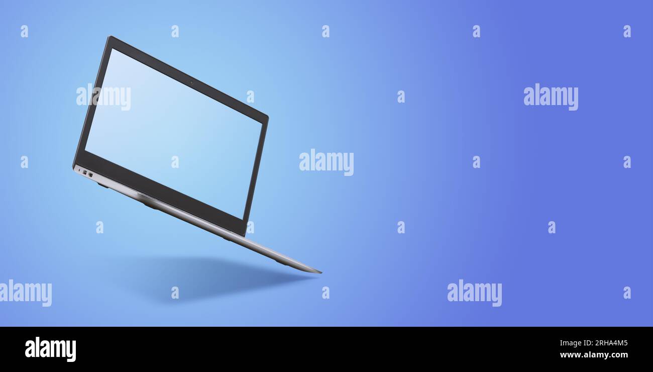 Flying laptop with blank screen, technology and electronics concept ...