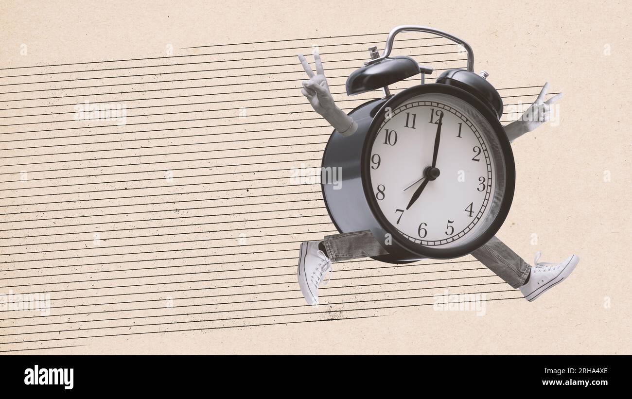 Cheerful alarm clock with human arms and legs running fast, deadlines ...