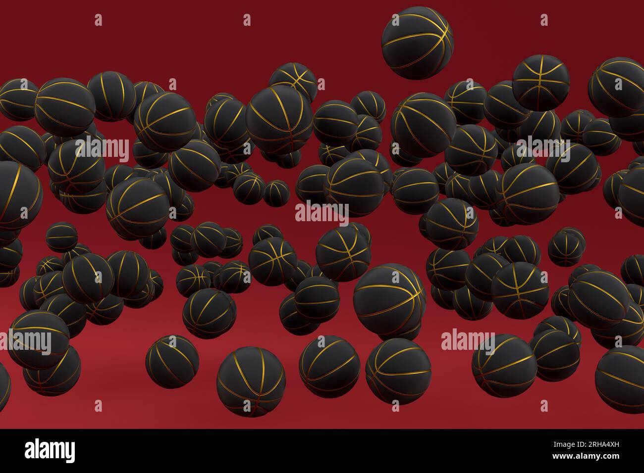 Many of flying black basketball ball falling on red background. 3d ...