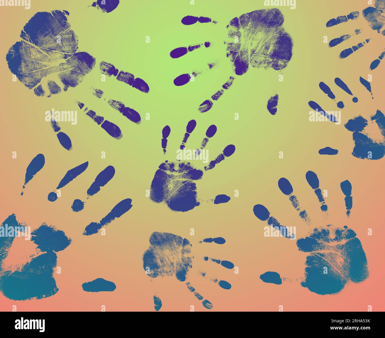 Many hand prints on multicolor background, togetherness and solidarity ...