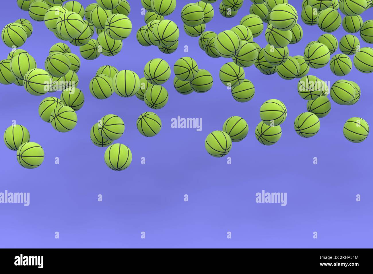 Many of flying green basketball ball falling on violet background. 3d ...