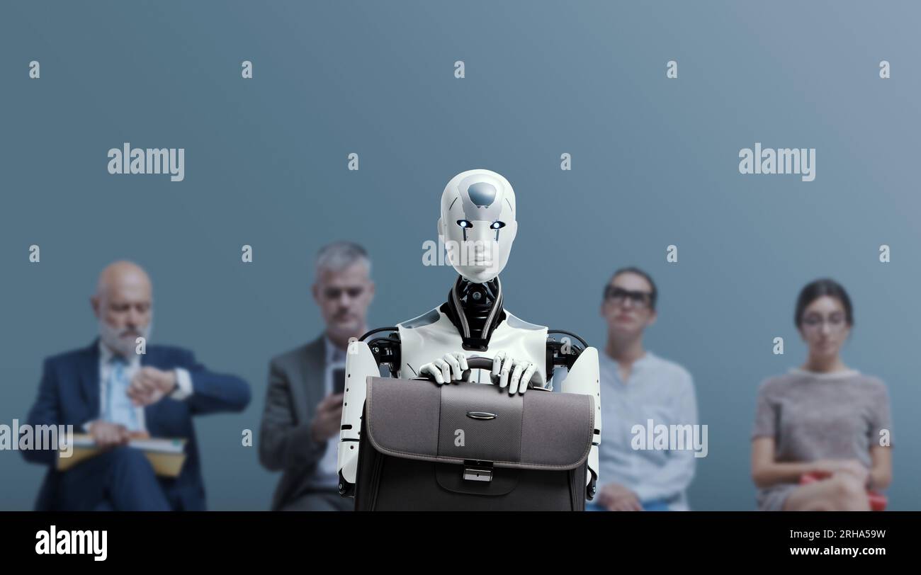 Business people and humanoid AI robot sitting and waiting for a job ...