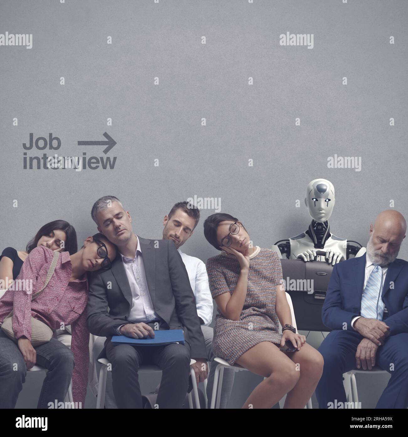 Tired exhausted applicants and android AI robot waiting for the job ...