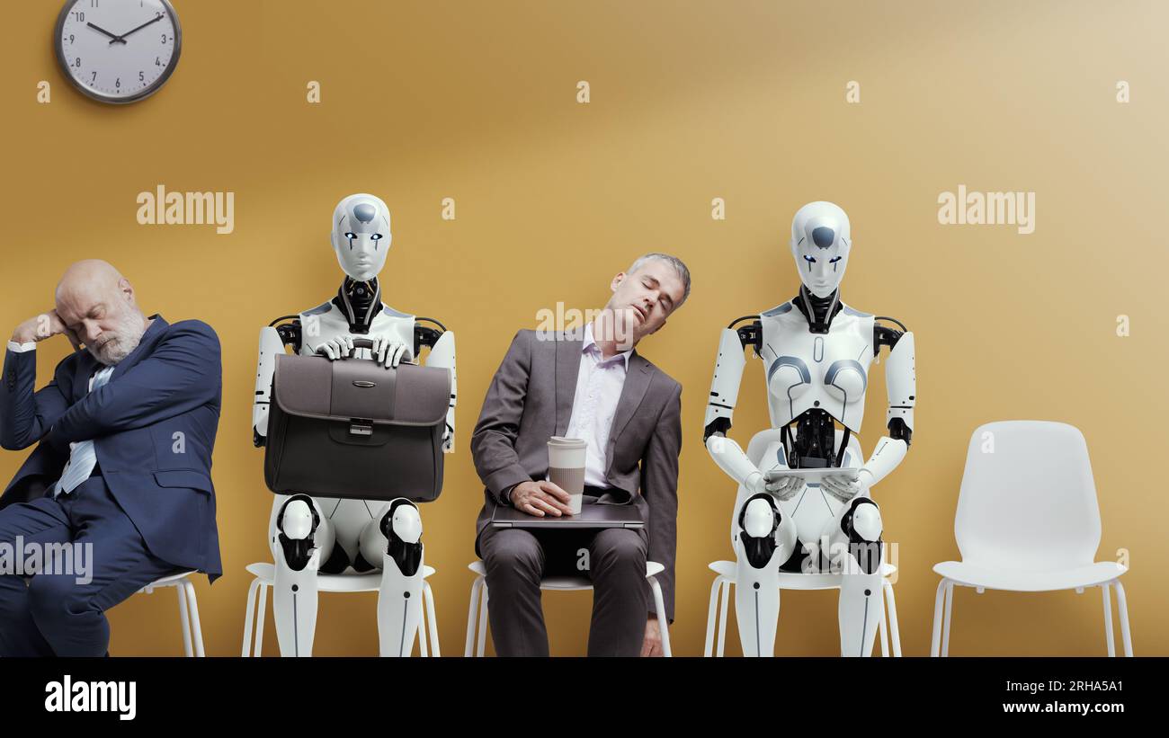Tired exhausted applicants and android AI robot waiting for the job ...