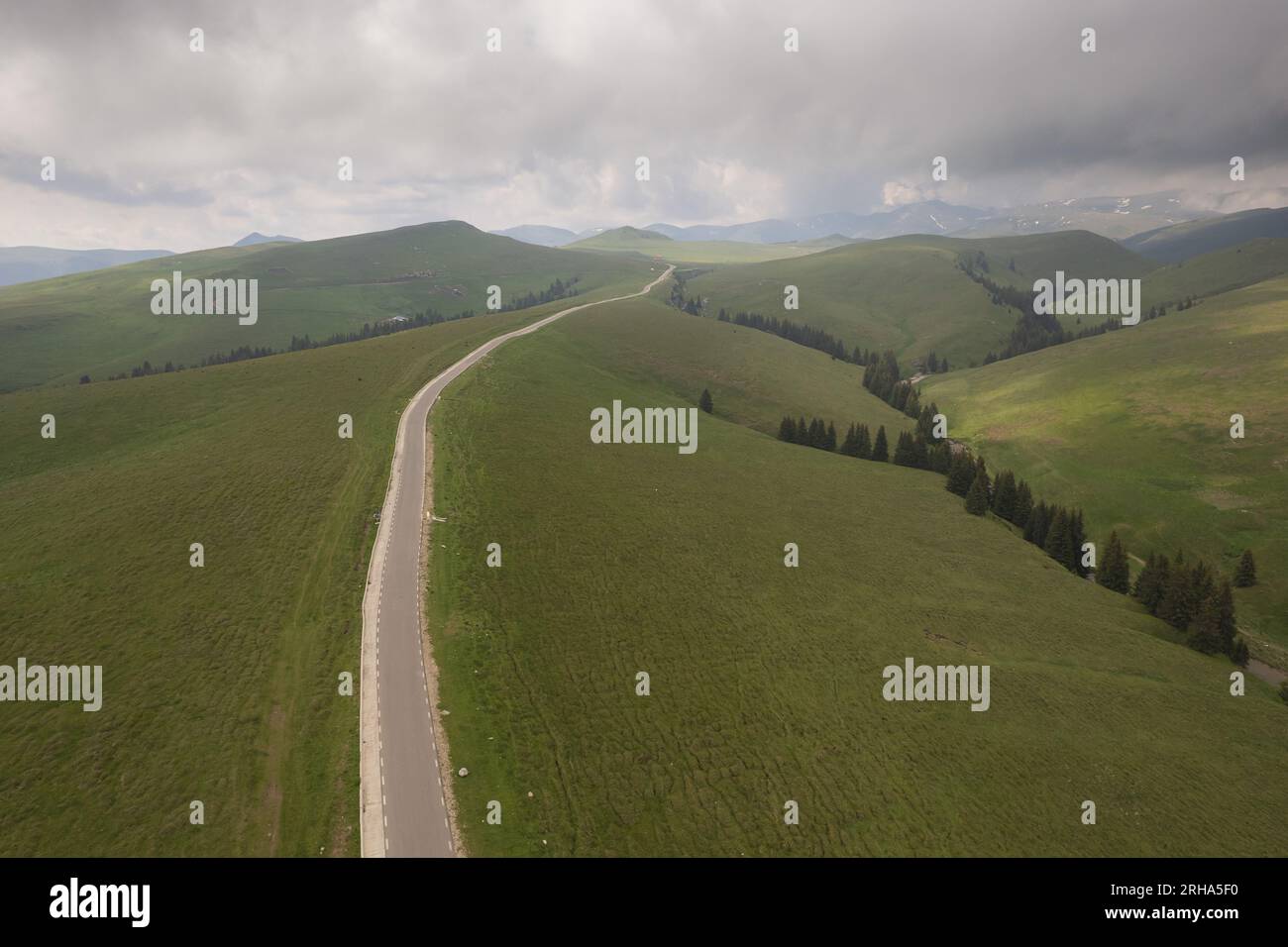 Aerial view above Transbucegi mountain road, in Romania Stock Photo - Alamy