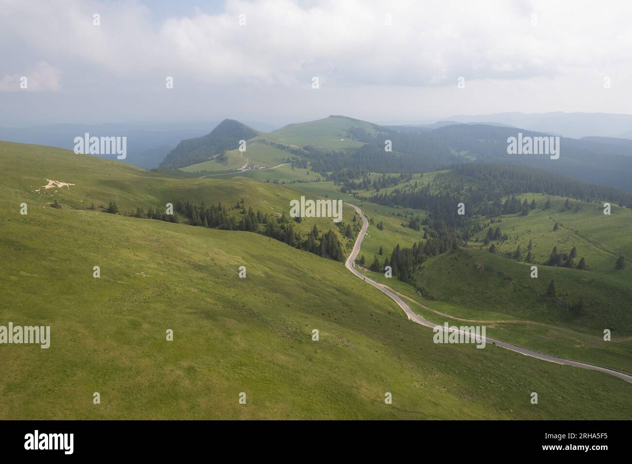 Aerial view above Transbucegi mountain road, in Romania Stock Photo - Alamy