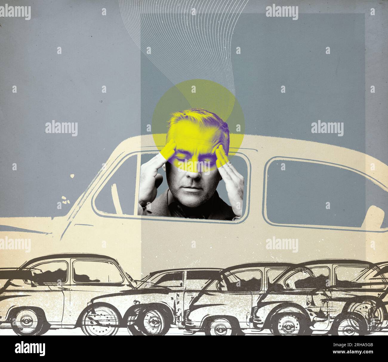 Exhausted stressed man driving his car in the traffic jam, he is having ...