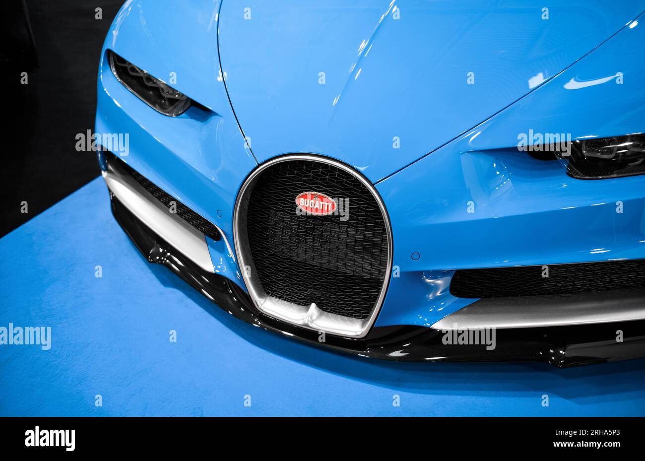 front part of blue Bugatti Chiron hypercar. Close up shot of very ...