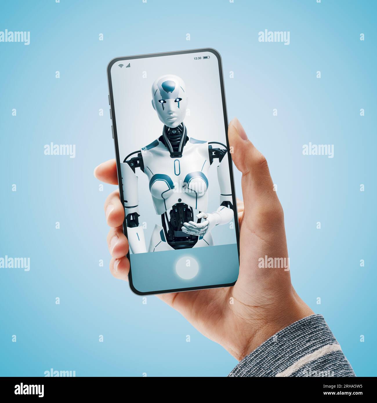 AI virtual assistant humanoid robot on smartphone screen talking and ...