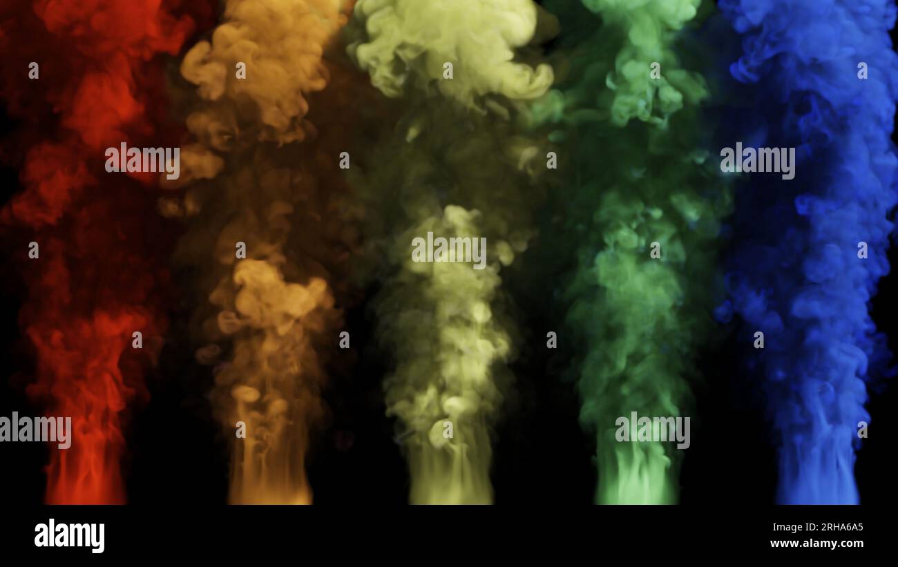 Clouds of multi-colored smoke rise up on a black background. 3d ...