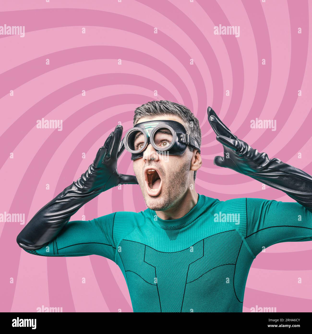 Cool terrified superhero shouting out loud with arms raised Stock Photo ...