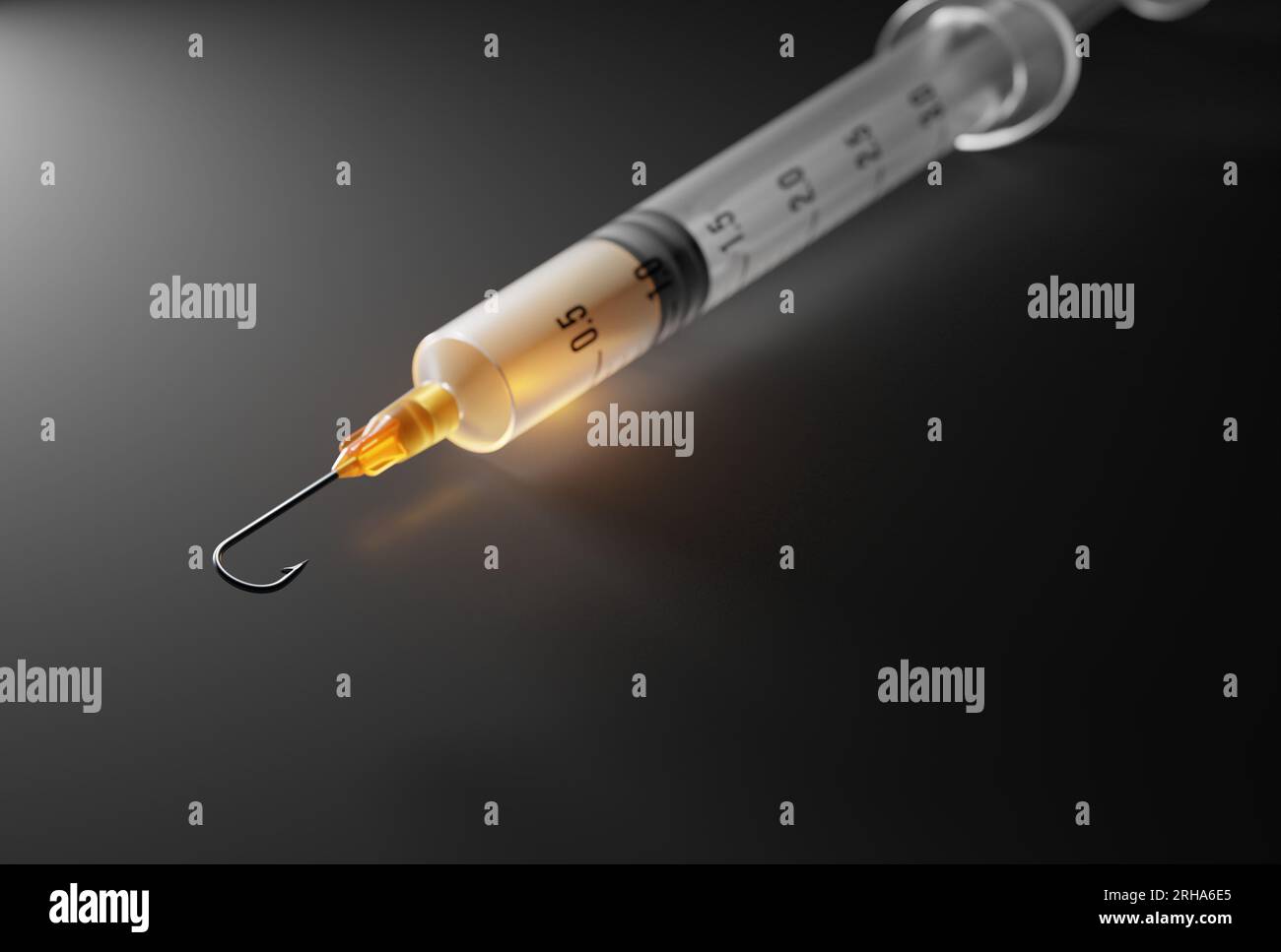 Syringe with a fishing hook. Addiction, substance abuse, healthcare ...