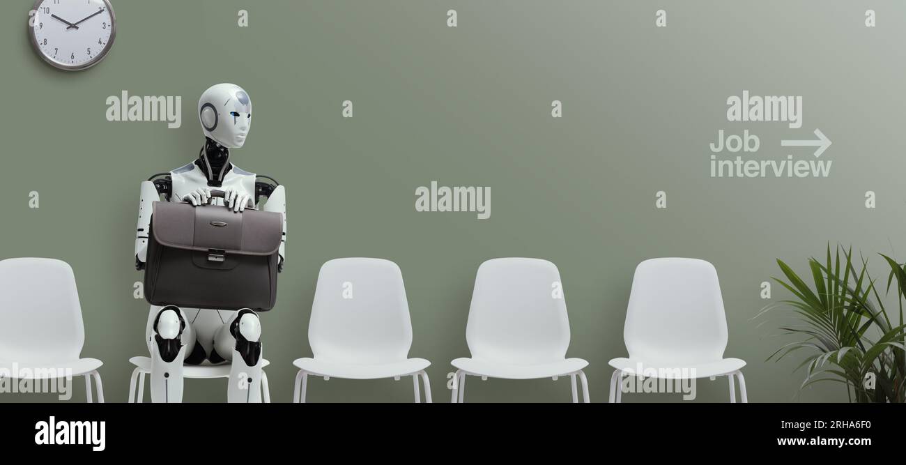 Futuristic android robot sitting on a chair and waiting for a job ...