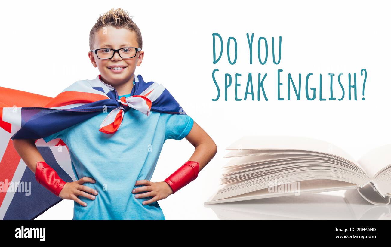 Happy superhero student learning English at school and open book Stock ...