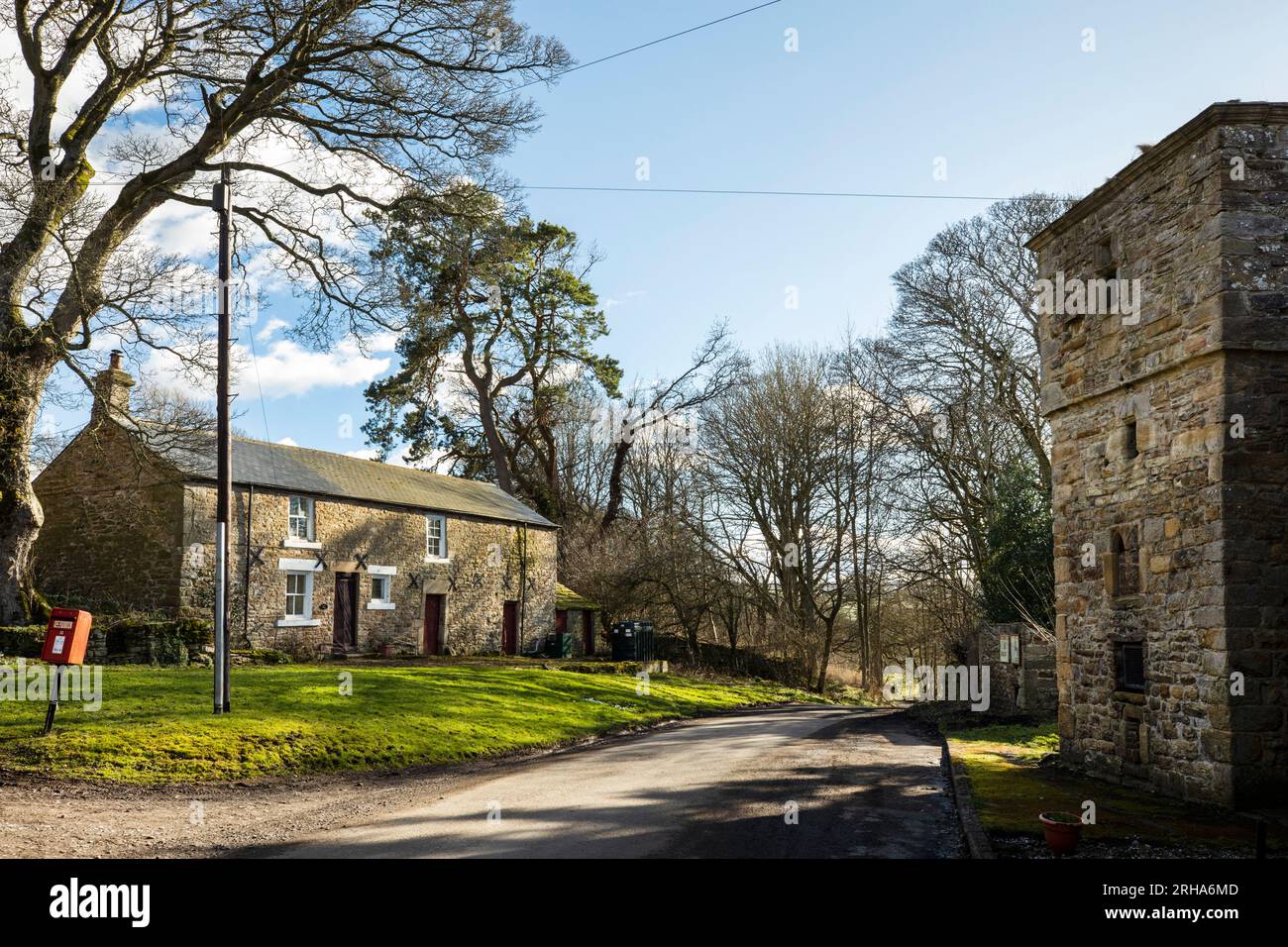 The tiny hamlet of Ninebanks near Alston showing Ninebanks Tower, a 16th century pele tower ...
