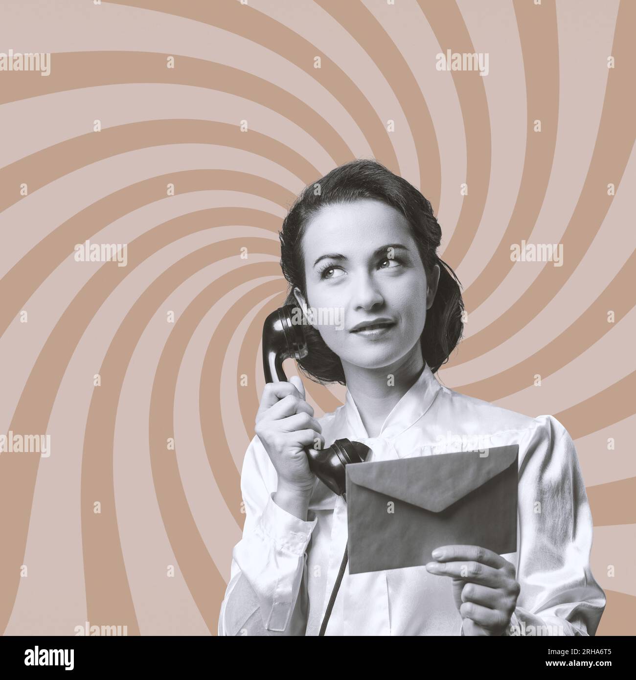 Vintage secretary on the phone holding a closed envelope Stock Photo ...