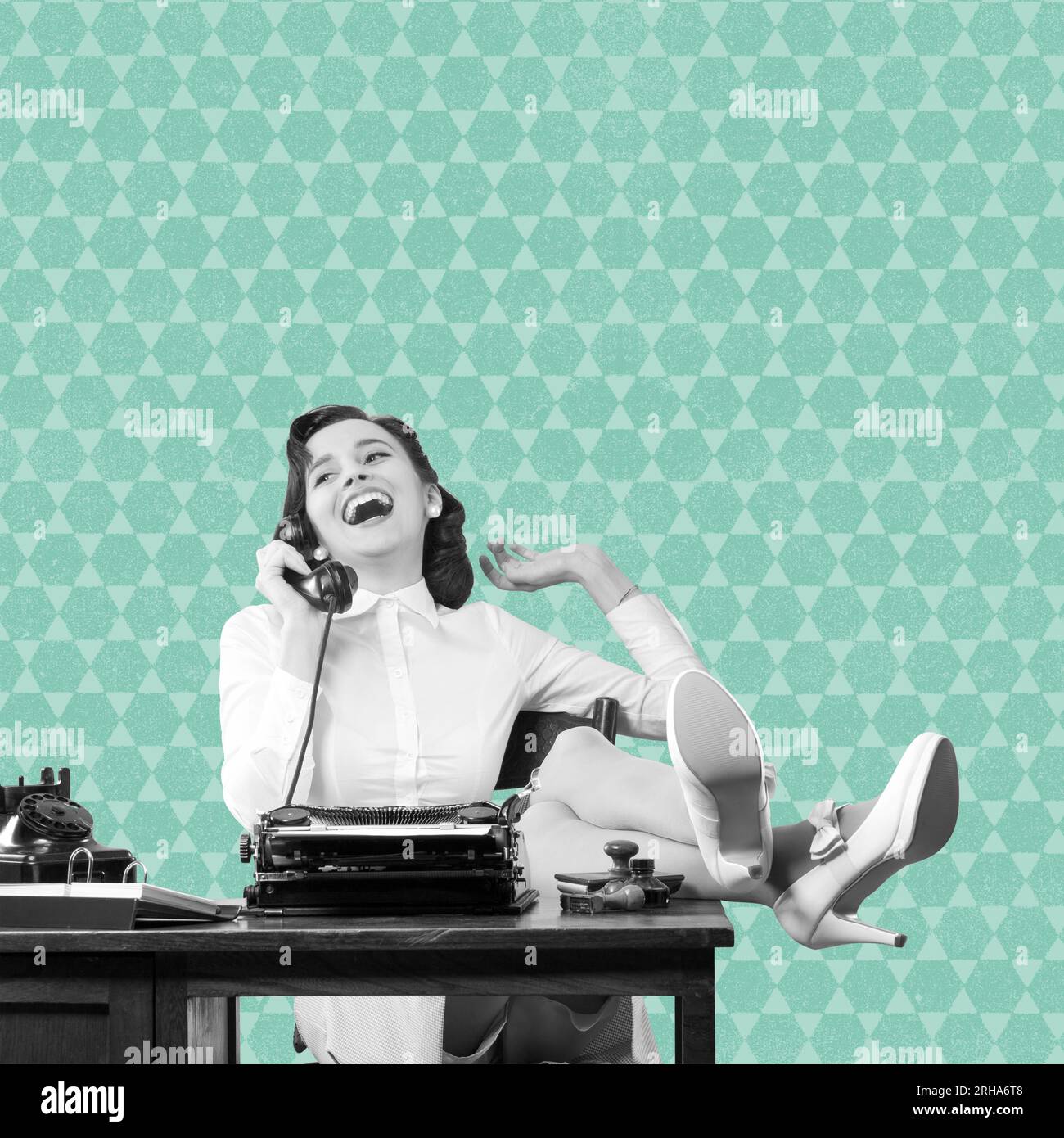 Lazy rude vintage style secretary with feet up on office desk, she is ...