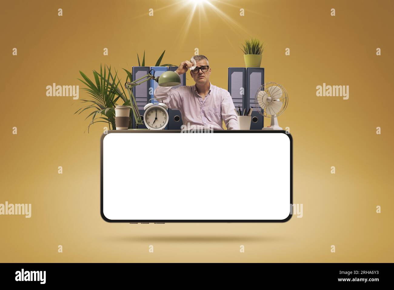 Stressed businessman suffering from the heat and blank smartphone ...