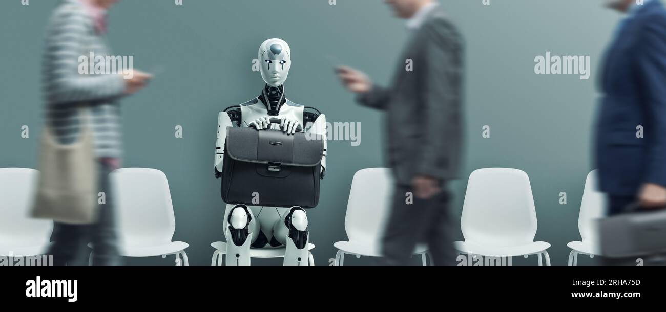 Business people and humanoid AI robot sitting and waiting for a job ...