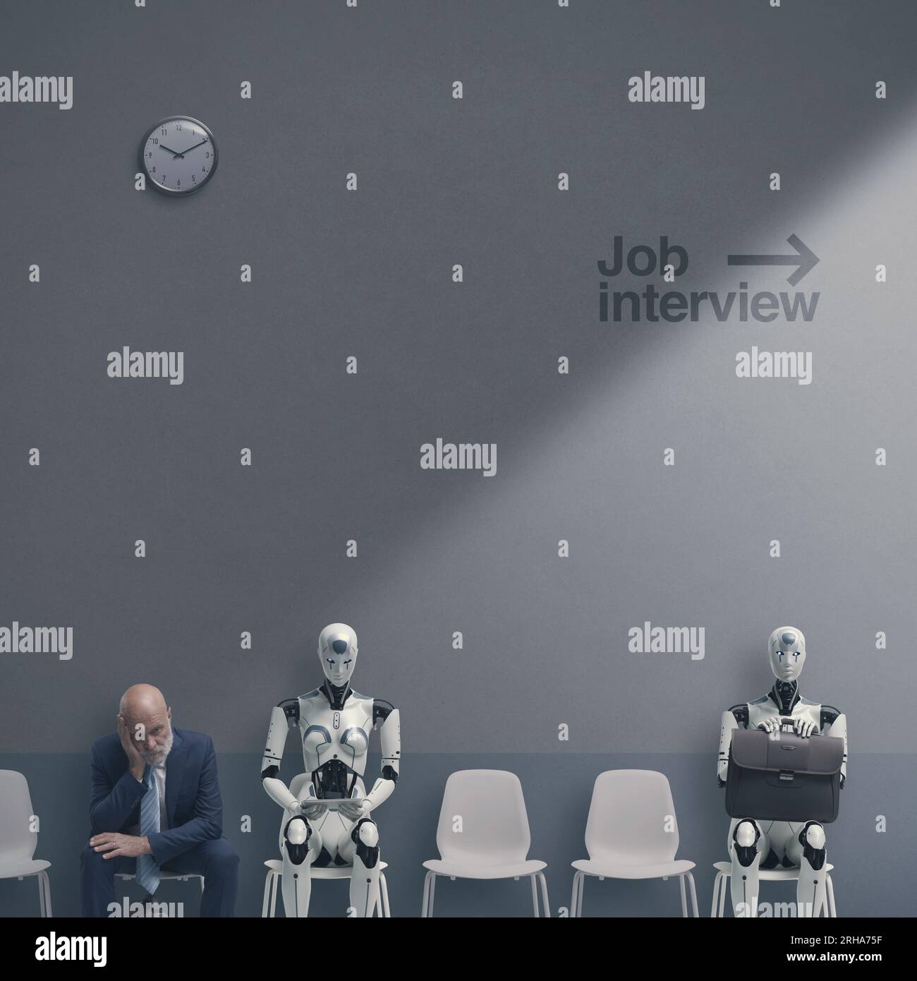 Man and AI robots waiting for a job interview in a corporate office ...