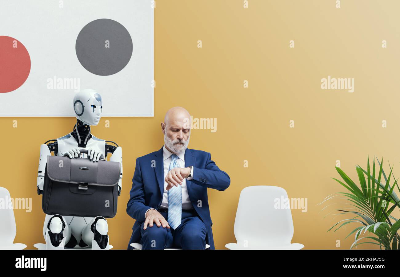 Man and AI robot waiting for a job interview: AI vs human competition ...