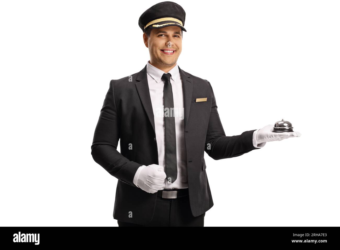 Bellboy holding a reception bell isolated on white background Stock ...