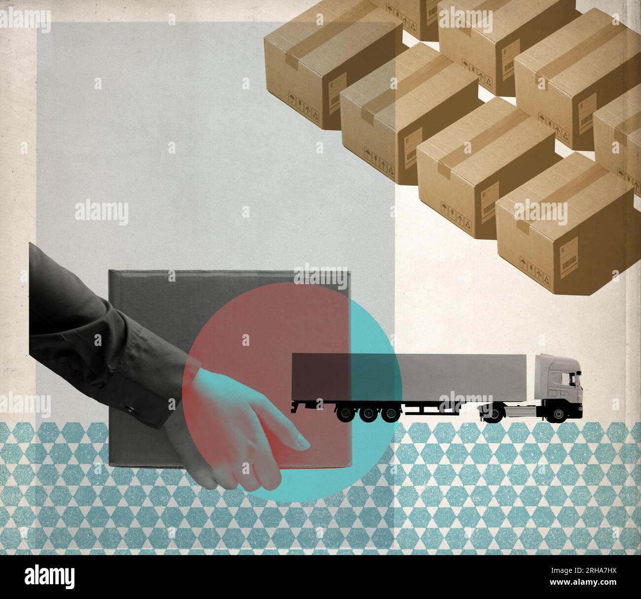 Courier holding a delivery box and warehouse shipping operations in the ...