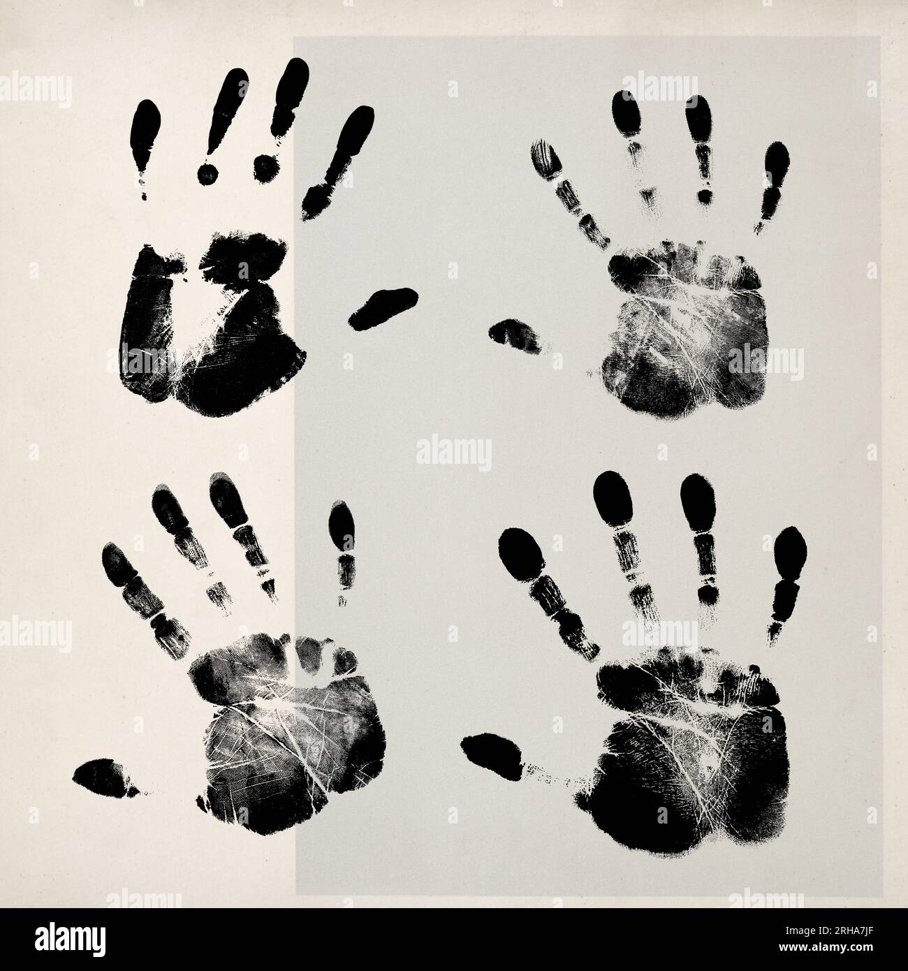 Black hand prints on vintage paper, togetherness and identity concept ...