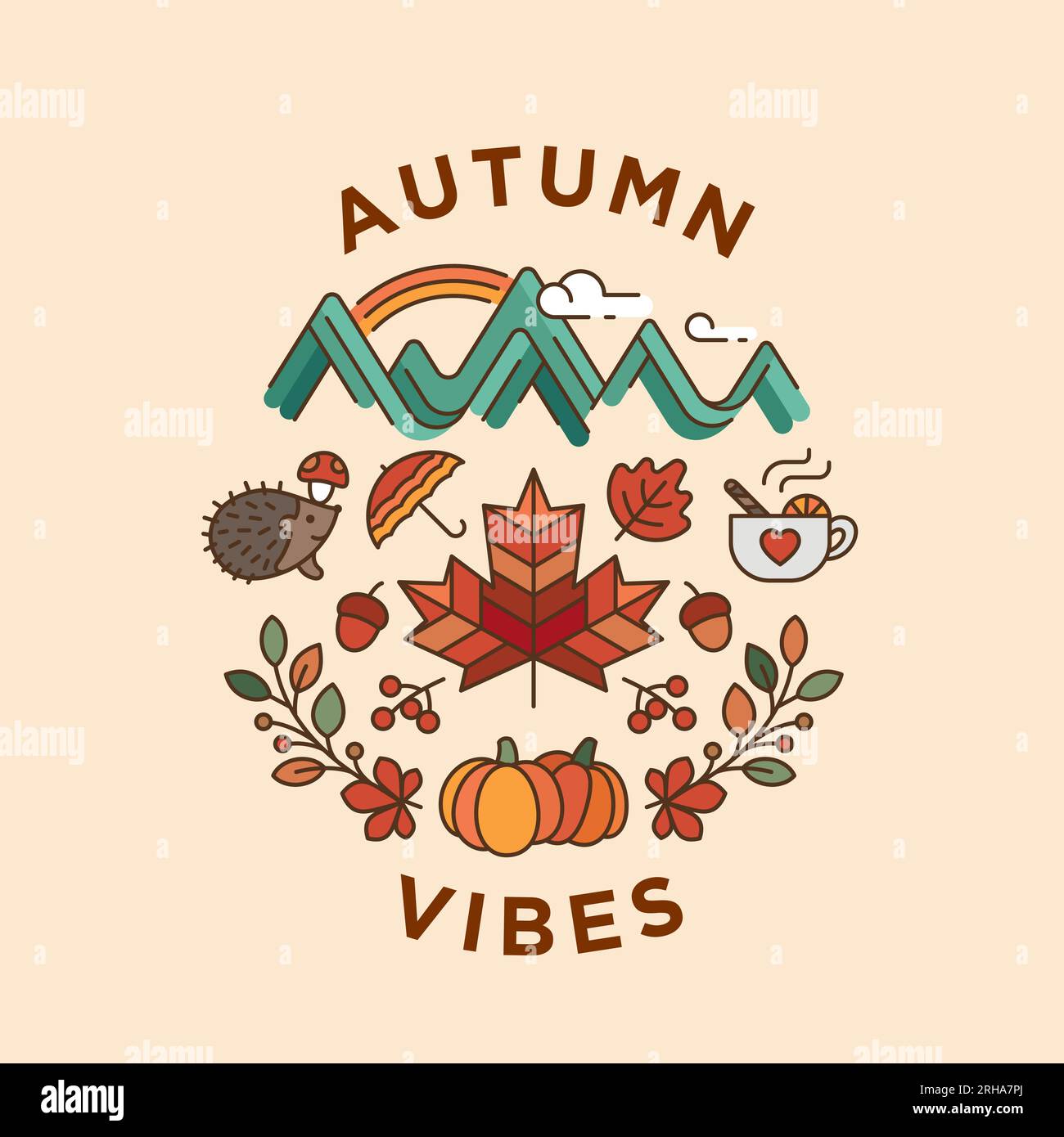 hello autumn poster round vintage filled outline vector illustration ...