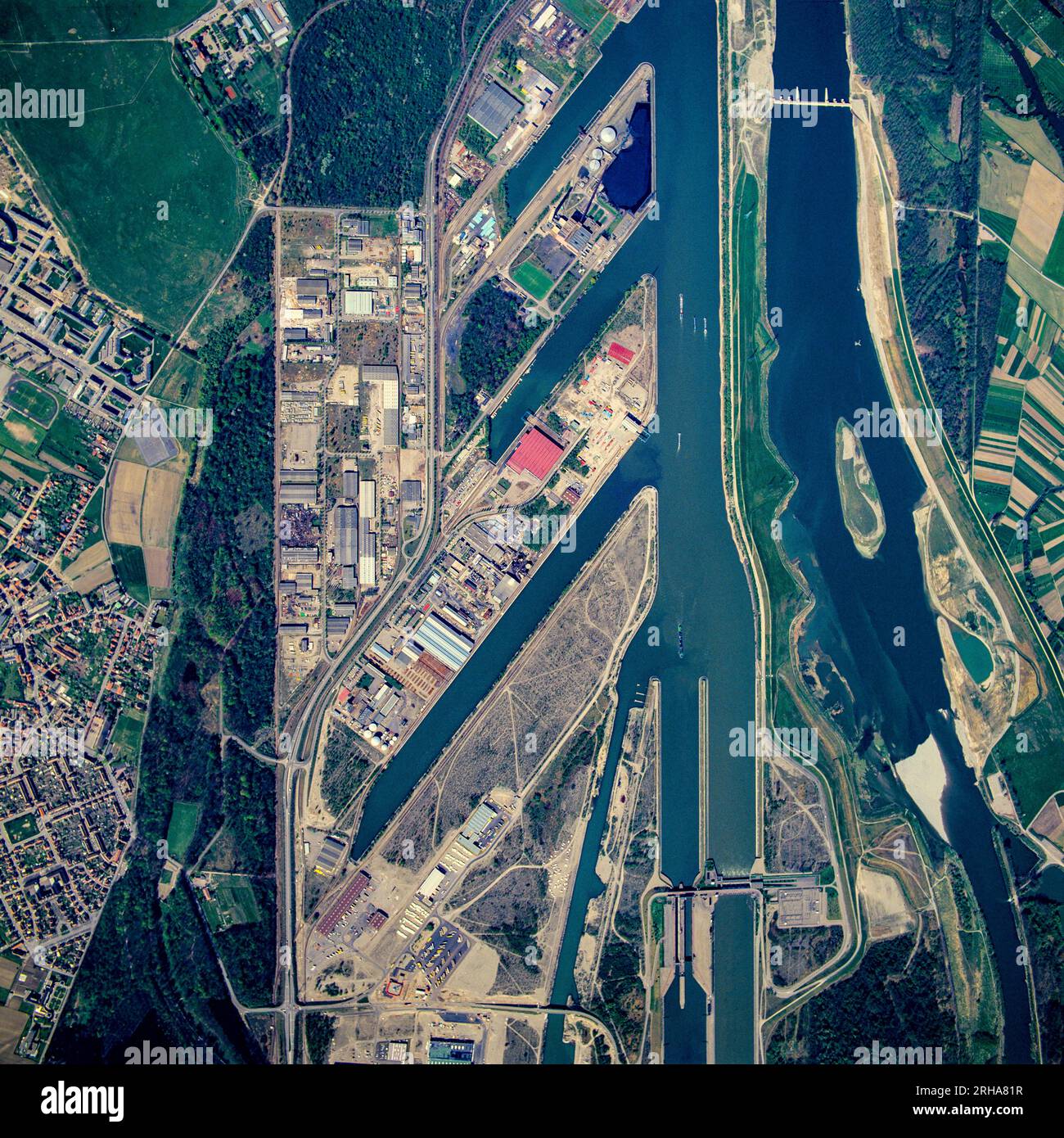 Strasbourg, Port-du-Rhin harbour inner basins, river Rhine, dam, city ...