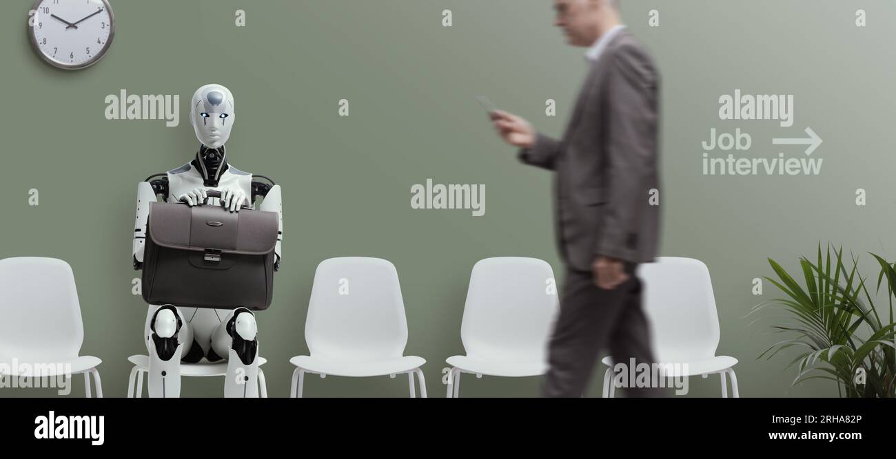 Futuristic android robot sitting on a chair and waiting for a job ...
