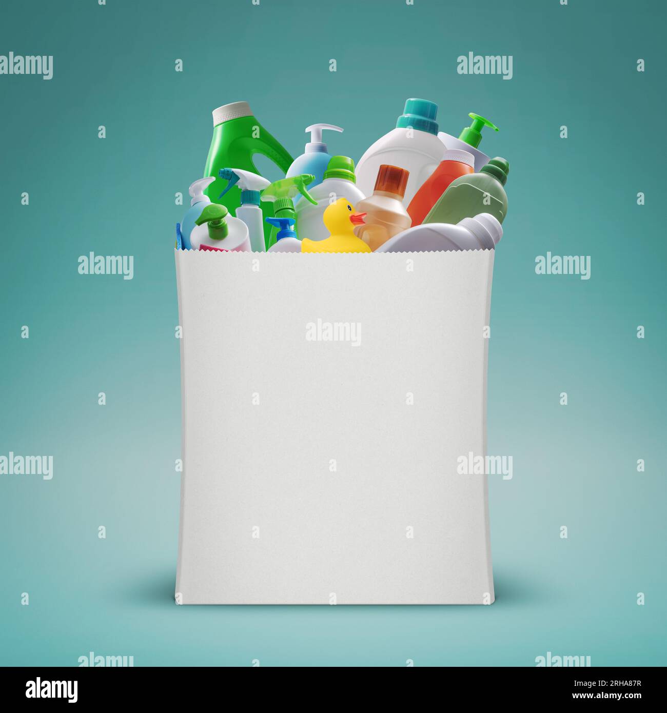 Assorted household items and detergents in a shopping bag, copy space ...