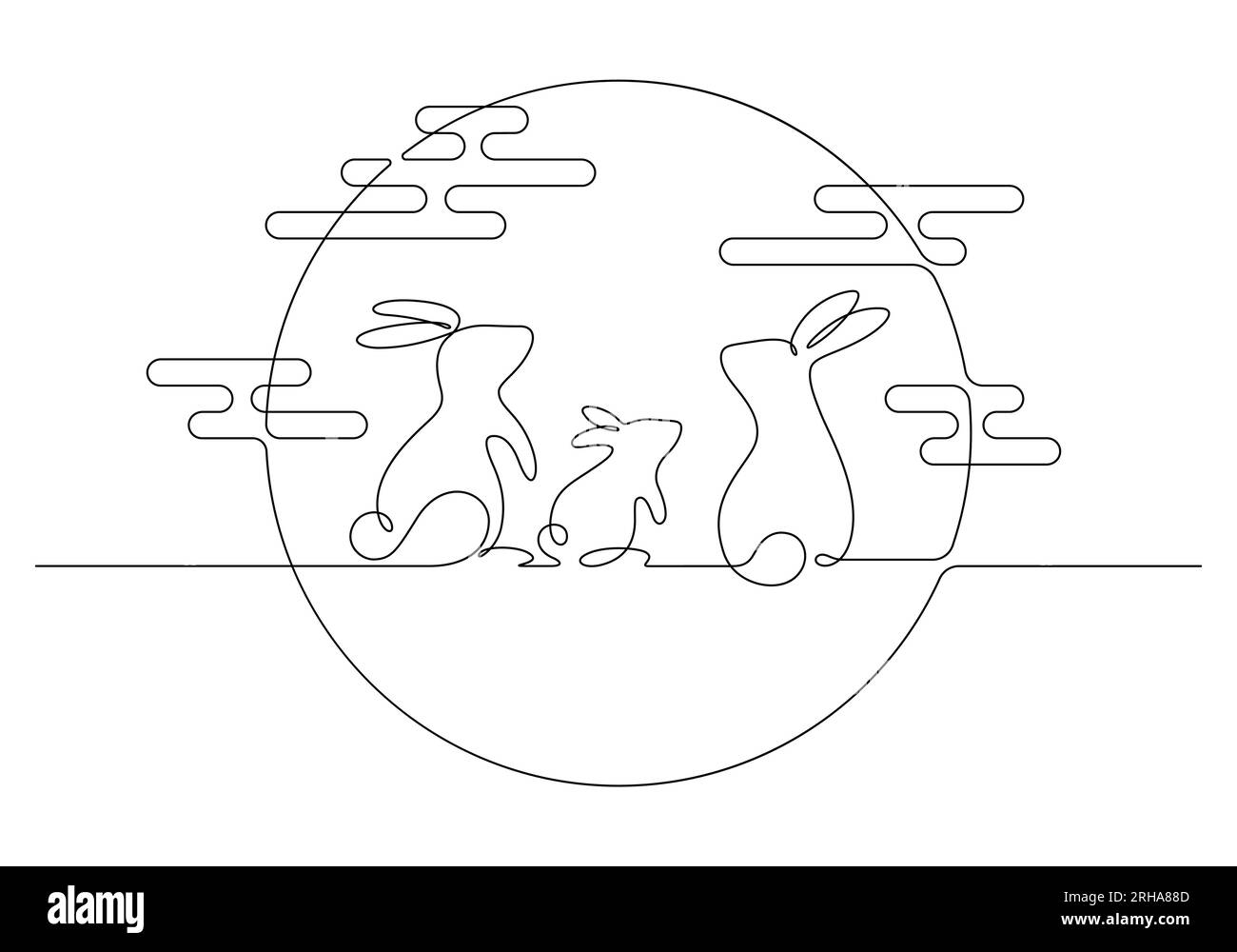 rabbit family celebrate mid autumn festival in one line drawing vector ...