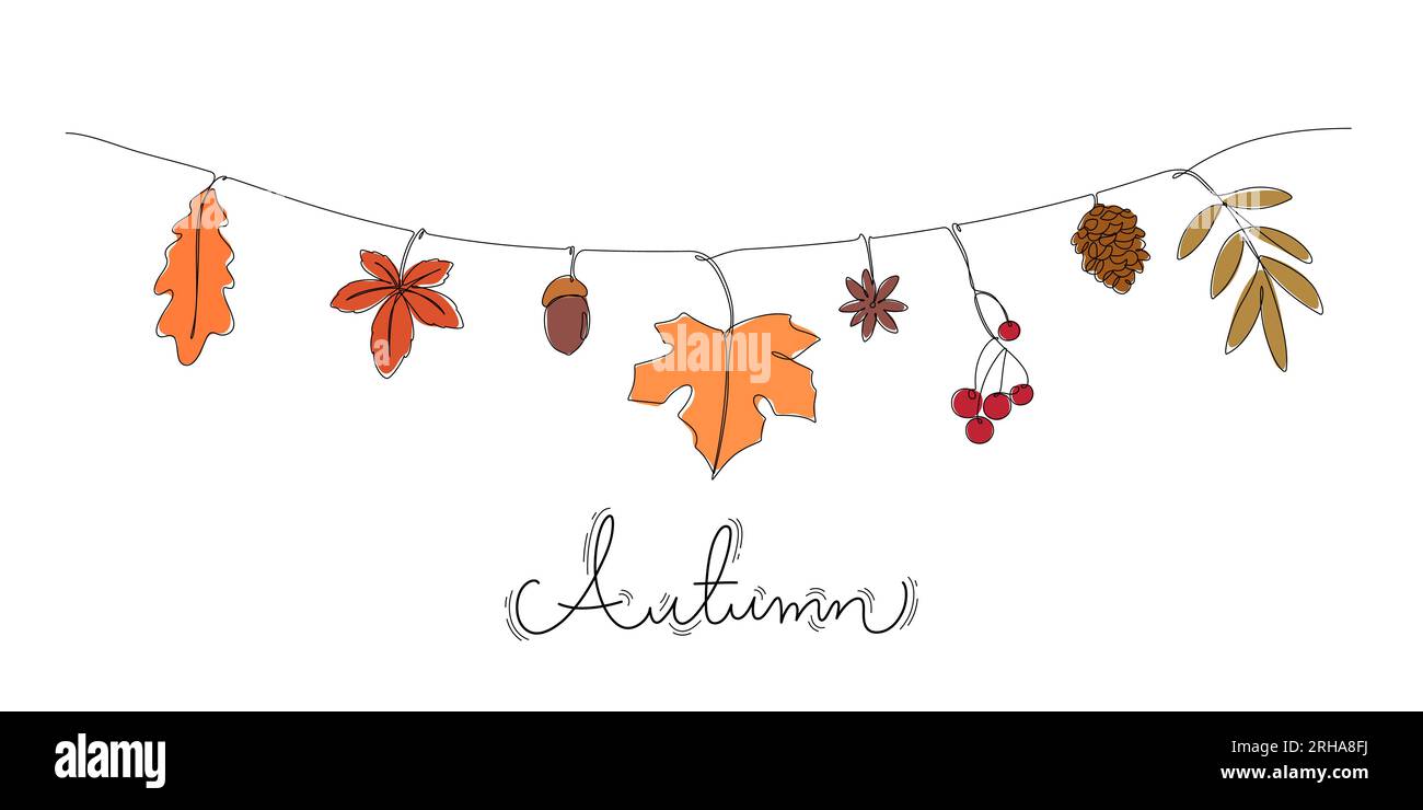 continuous line drawing colored of autumn leaves hello autumn concept ...