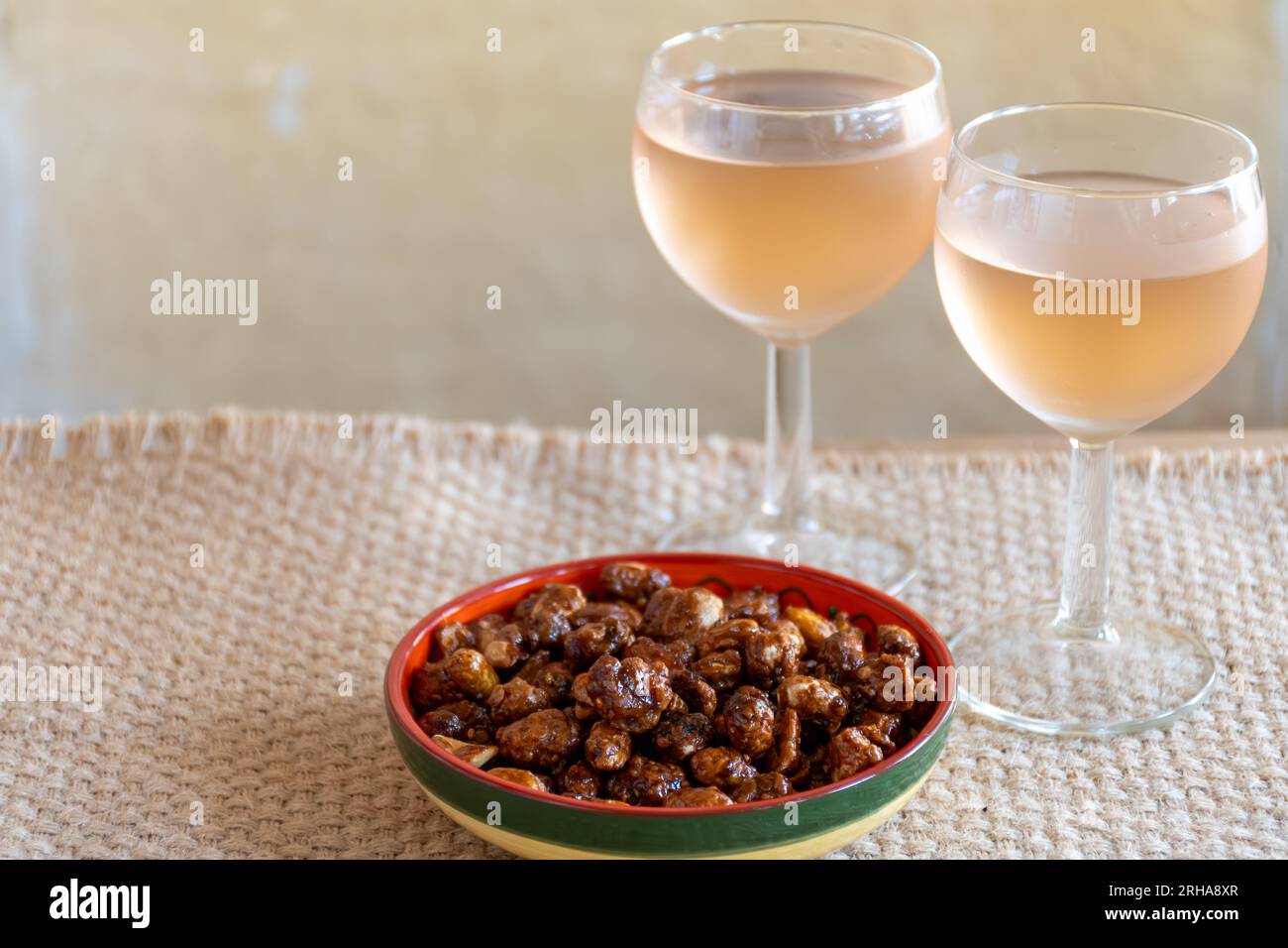 French cold rose dry wine from Provence in glass served for lunch day ...